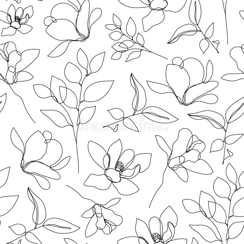 Vector Flower Linear Seamless Background, Flowers and Leaves One ...