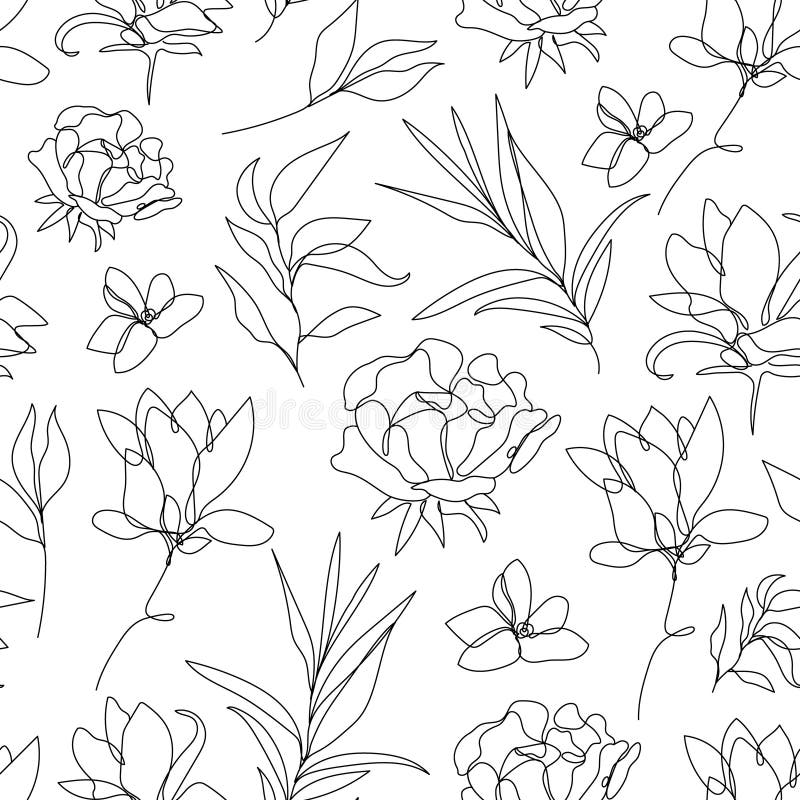 Vector Flower Linear Seamless Background, Flowers and Leaves One ...