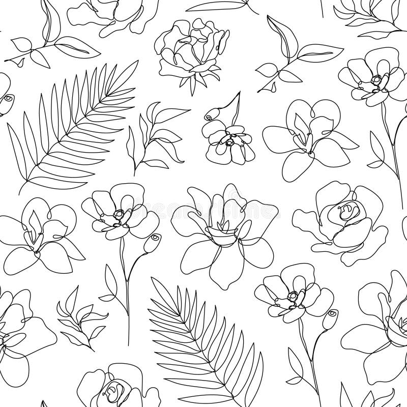 Vector Flower Linear Seamless Background, Flowers and Leaves One ...