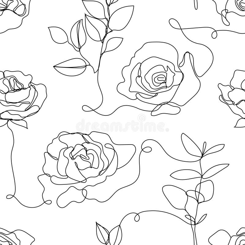 Vector Flower Linear Seamless Background, Roses and Leaves One ...