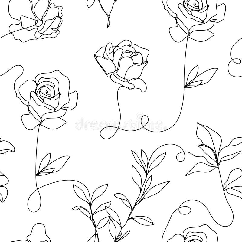 Vector Flower Linear Seamless Background, Roses and Leaves One ...