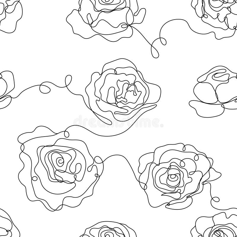 Vector Flower Linear Seamless Background, Roses One, Continuous Line ...