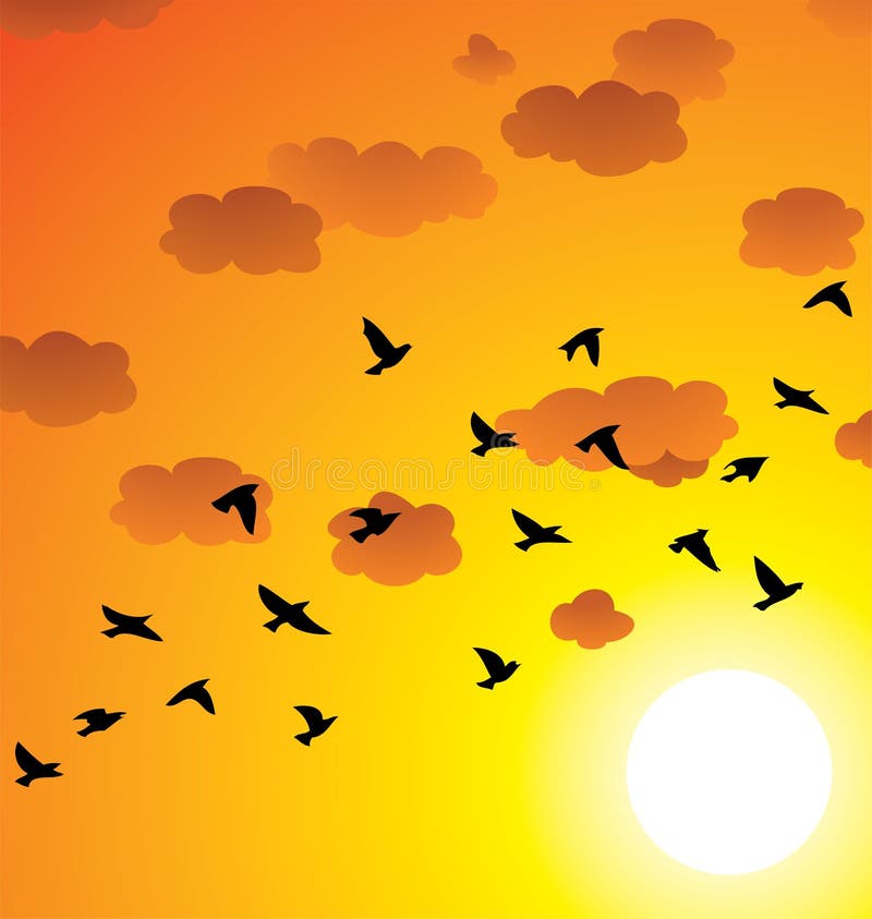 Flying Birds and Bright Sun Stock Vector - Illustration of outline ...