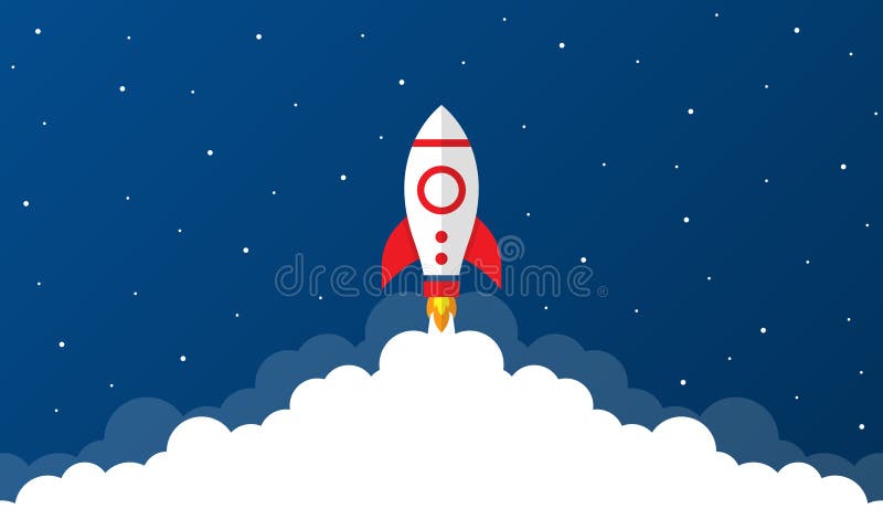 Vector Flying Rocket Background with Smoke Cloud. Startup Space Ship ...
