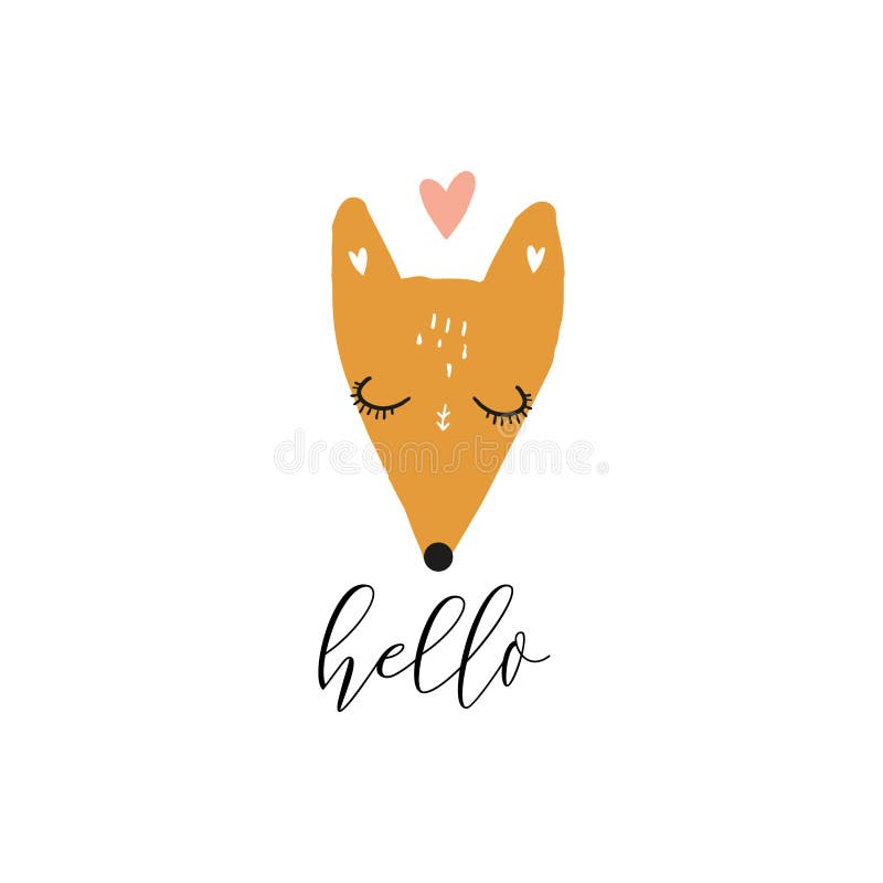 Vector Fox Face with Phrase Hello. Cute Hand Drawn Illustration Stock ...