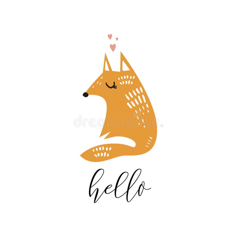 Vector Fox Face with Phrase Hello. Cute Hand Drawn Illustration Stock ...