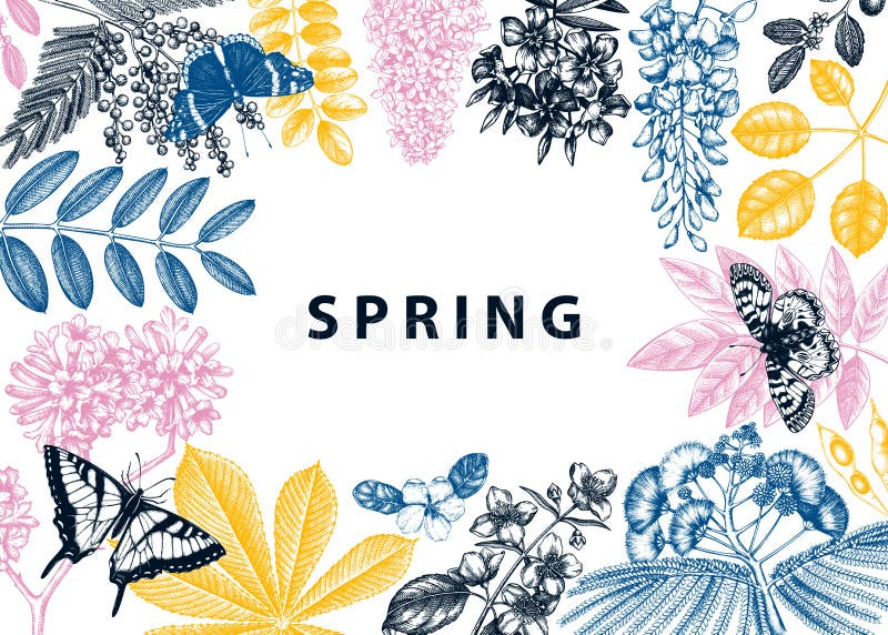 Vector frame with spring trees in flowers illustrations. Hand drawn ...