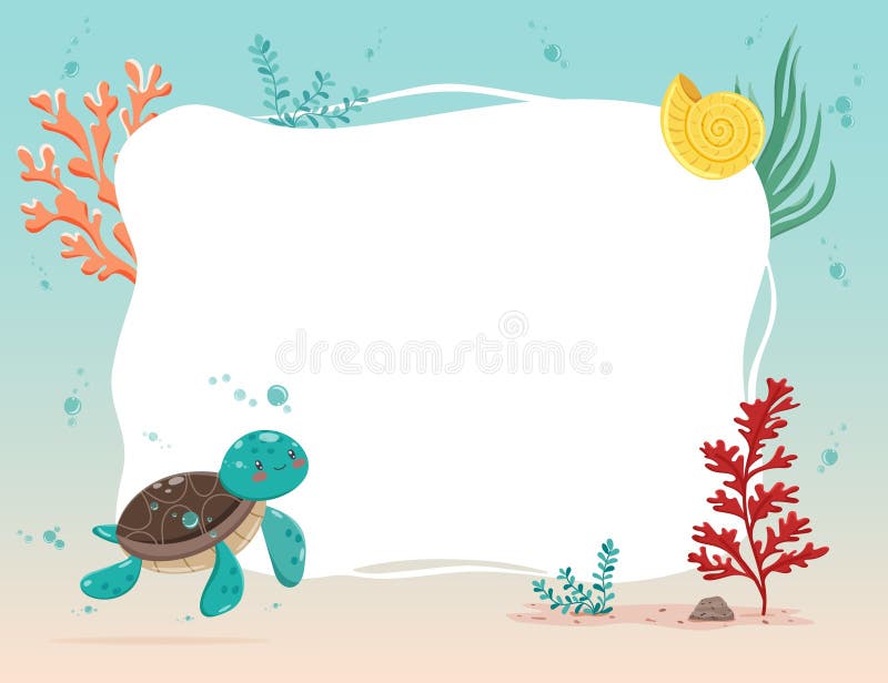 Vector Frame with Turtle and Sea Elements, Isolated on White Stock ...