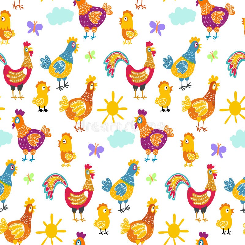 Fun Chickens Seamless Pattern Background Stock Vector - Illustration of ...