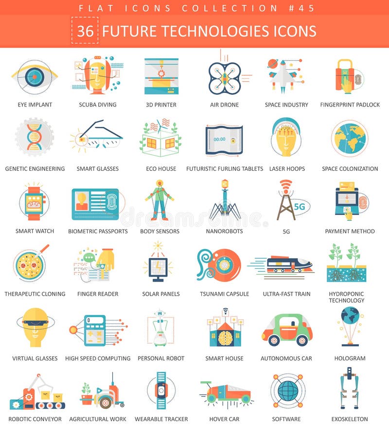 Vector Future Technology Color Flat Icon Set. Elegant Style Design ...