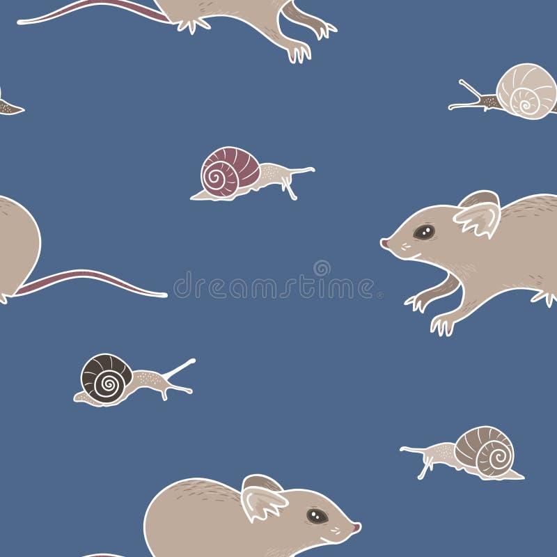 Vector Garden Mice with Snails on Blue Seamless Pattern Background ...