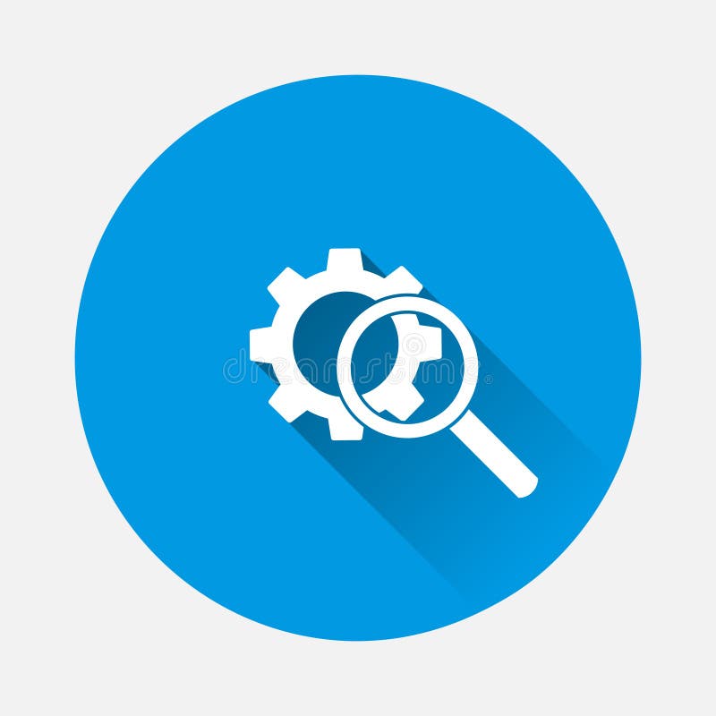 Vector Gear Tool Search Magnifier Icon on Blue Background. Flat Image ...