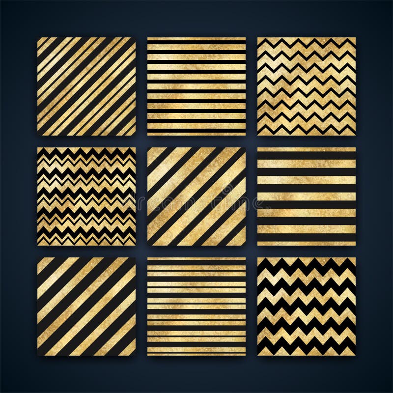 Vector Geometric Striped Golden Seamless Pattern Set. Shiny Gold Foil ...