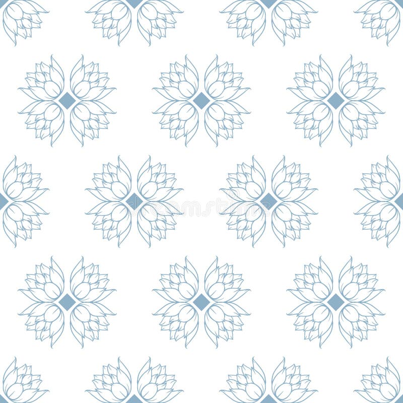 Vector Geometry and Water Lilies Blue Lineart Seamless Pattern ...