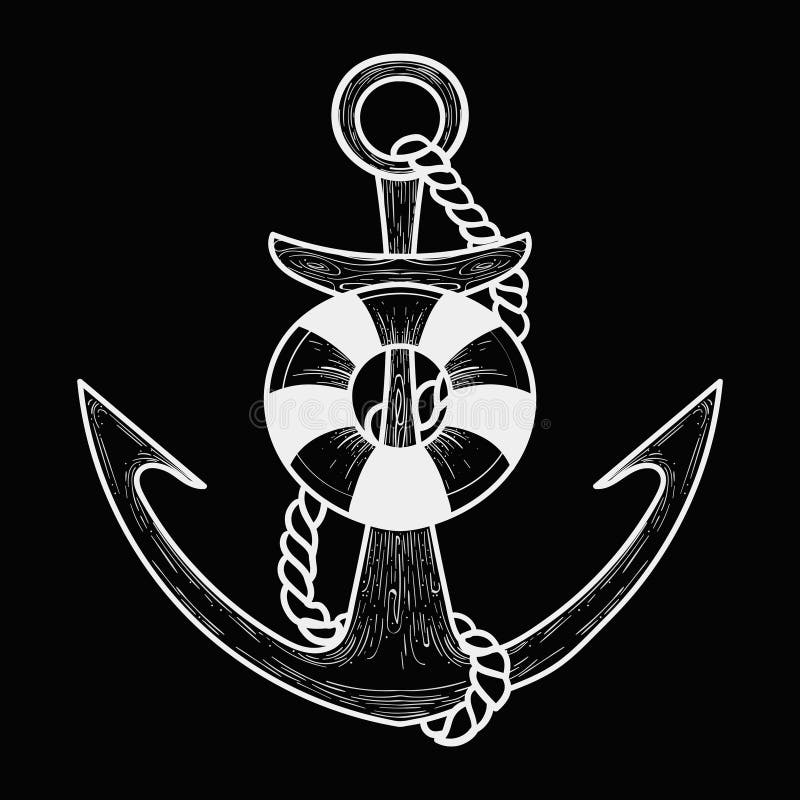 Vector Gestileerd Anker Met Reddingsboei Lineair Art. Tatoegering ...