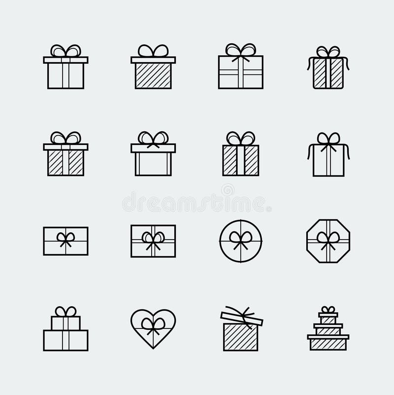 Gift Icon Set in Outline Style Stock Vector - Illustration of christmas ...