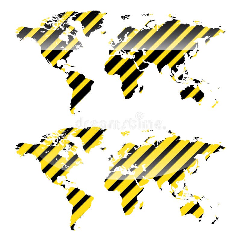 Vector Glossy World Map of Yellow and Black Stripes Danger Warning ...