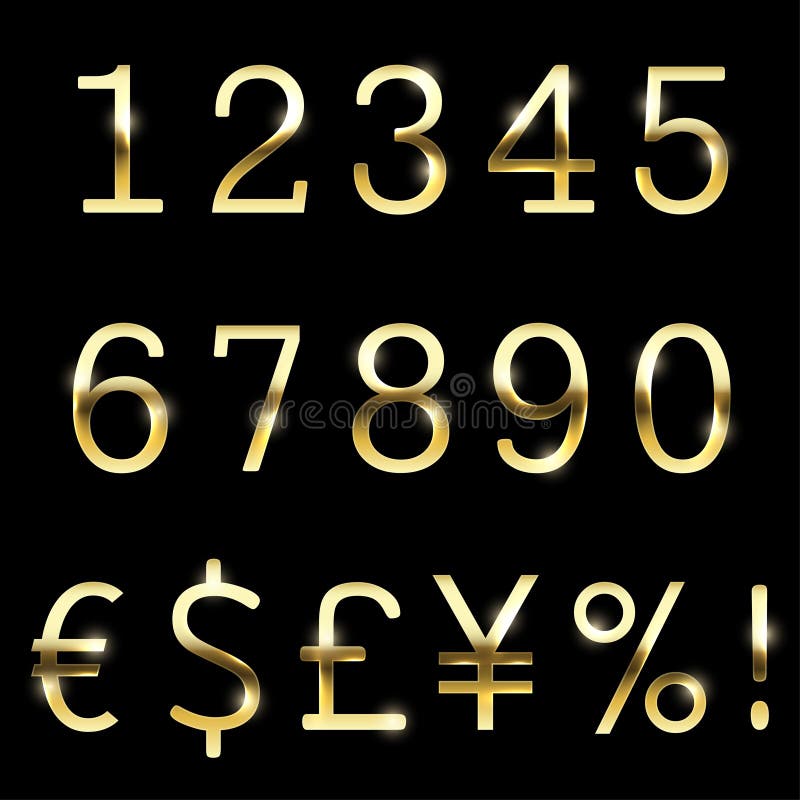Vector Gold Font Set Currency, Numbers and Special Symbols. Stock ...