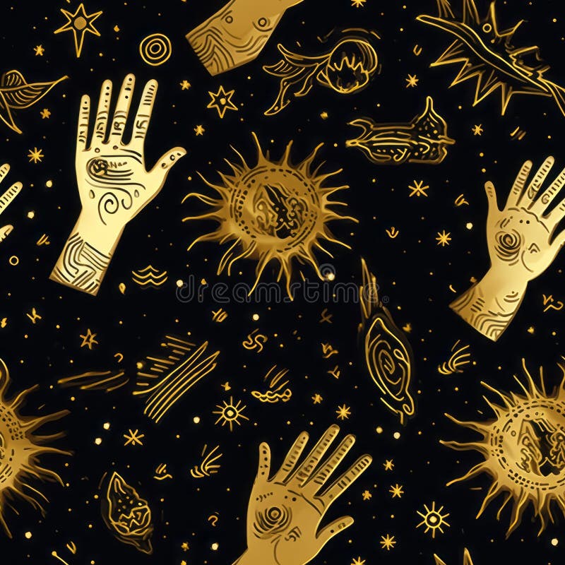 Vector Gold Seamless Pattern of Hands with Signs Magic Sun and Stars ...