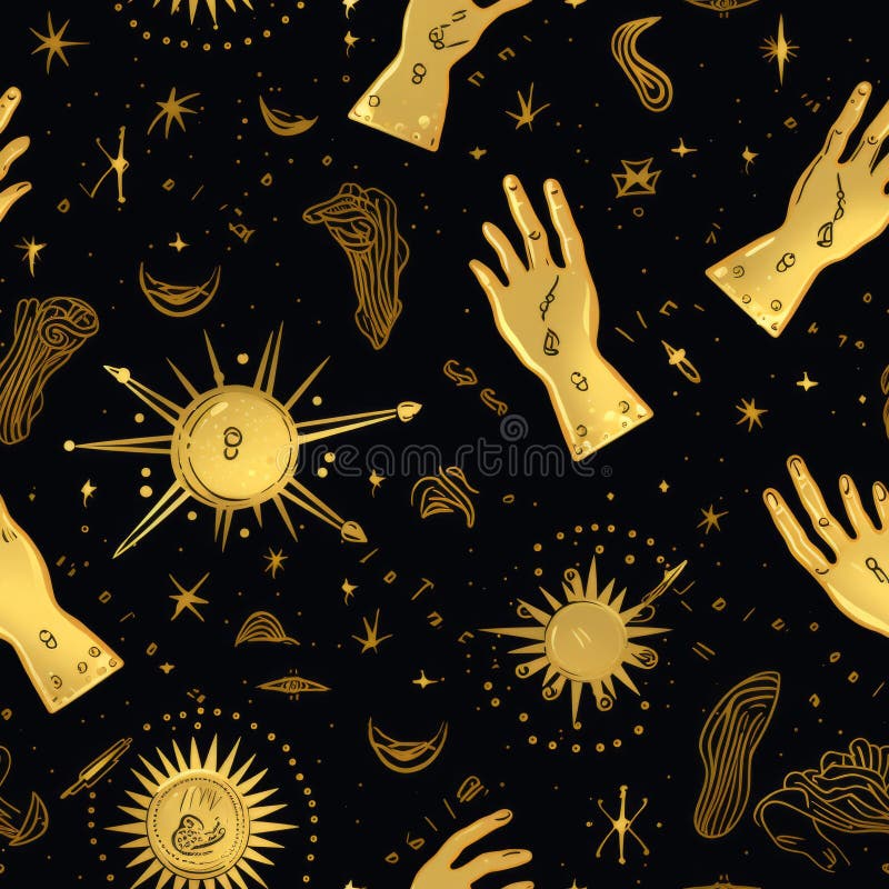 Vector Gold Seamless Pattern of Hands with Signs Magic Sun and Stars ...