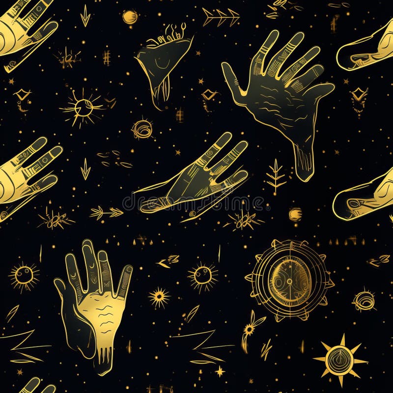Vector Gold Seamless Pattern of Hands with Signs Magic Sun and Stars. Mystical Esoteric Trendy ...