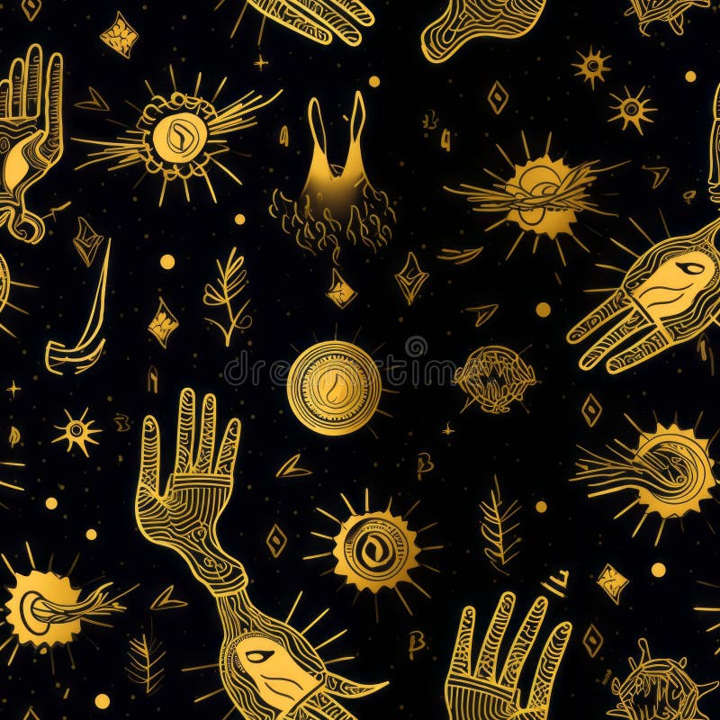 Vector Gold Seamless Pattern of Hands with Signs Magic Sun and Stars. Mystical Esoteric Trendy ...