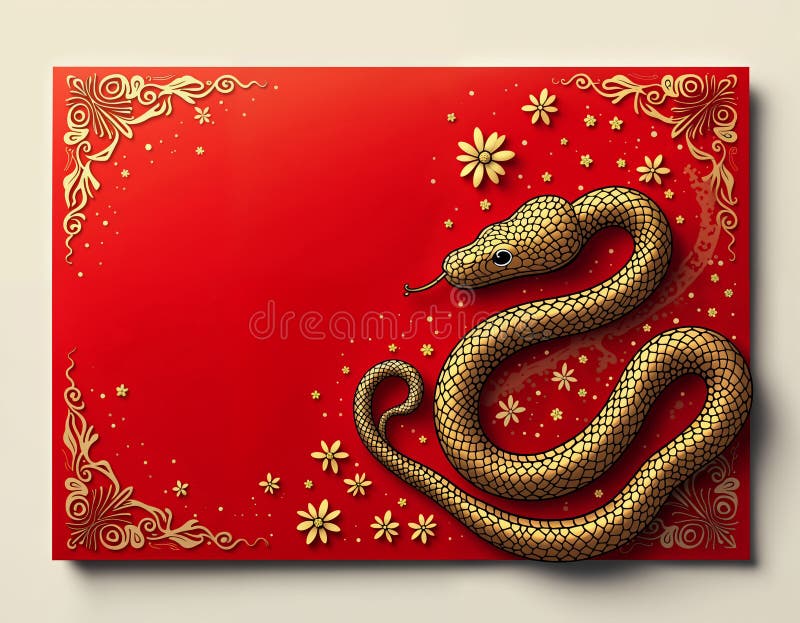 Vector of a Gold Snake on a Red Envelope with Gold Floral Decorations ...