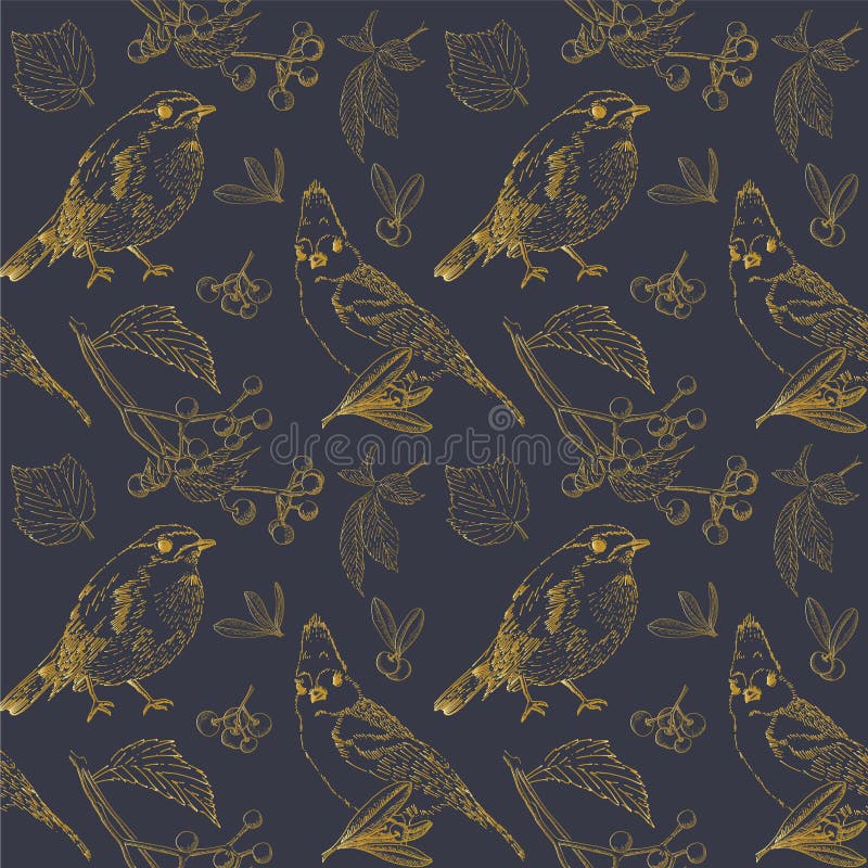 Vector Golden Line Art Bird Seamless Pattern Collection Stock Vector ...