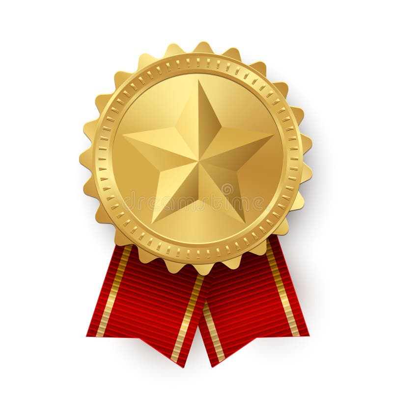 Vector Golden Medallion with Star and Red Ribbons Isolated on White ...