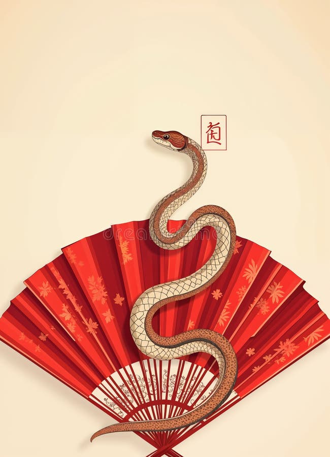 Vector of a Golden Snake with a Traditional Red Paper Fan with Patterns ...