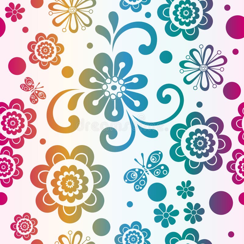 Vector Gradient Floral Pattern with Flowers and Butterflies and Balls ...