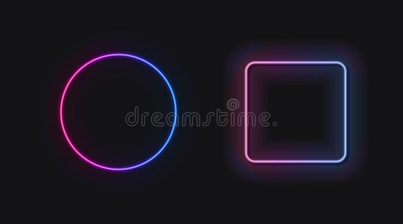 Vector Gradient Neon Circle and Square Simple Frames Isolated on Black ...