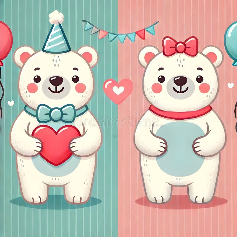 Vector Graphic of Cute Smiling Bears, in a Party with Red Heart Stock ...