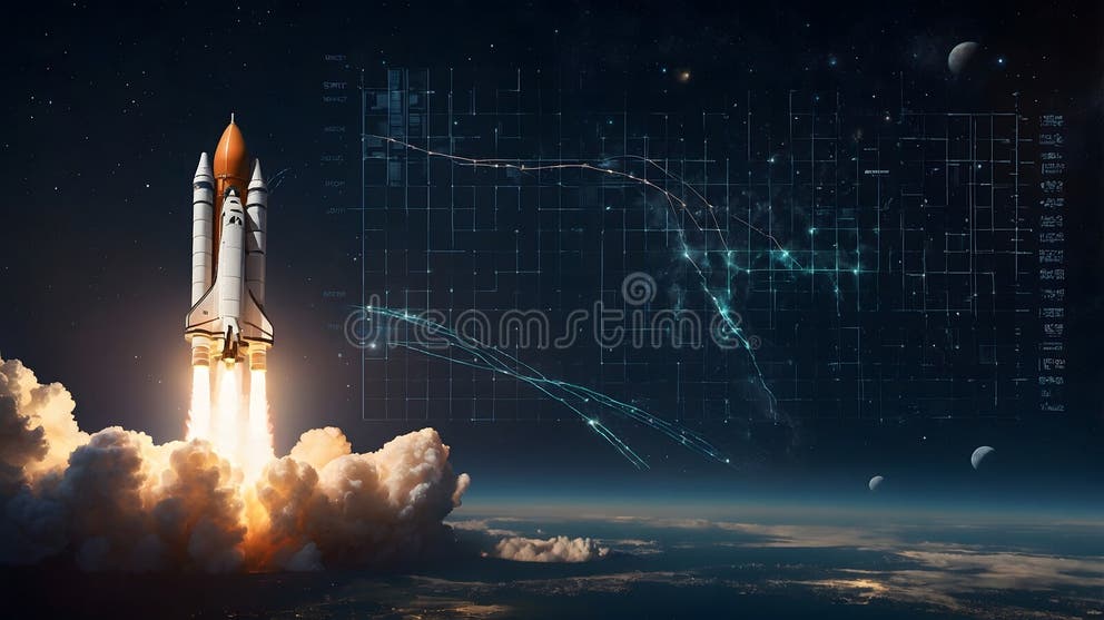Vector Graphic of Rocket Launch with Digital Grid Overlay and Glowing ...