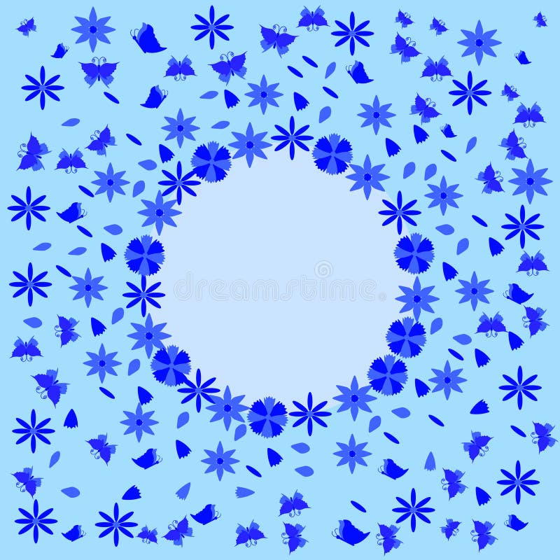 Round Frame of Blue Flowers, Petals and Blue Butterflies Flying in ...