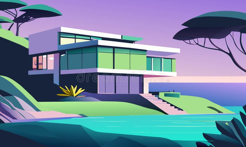 A Bright Modern Cottage with a Lake. Vector Graphics Stock Vector ...
