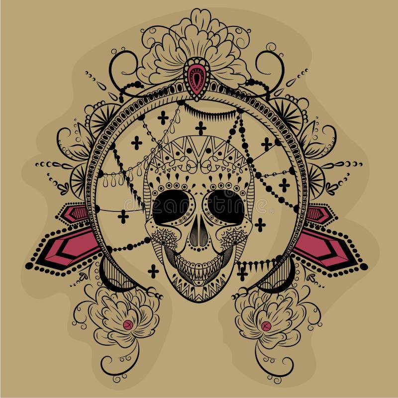 A Skull With Decorated Round Frame And Red Diamonds Stock Vector ...