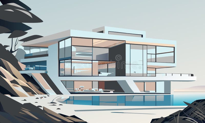 Vector Graphics. a Landscape with a Bright Modern Minimalist House on ...