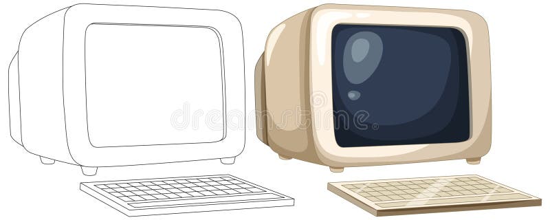 Old-fashioned Computer , Outline and Color Stock Vector - Illustration ...