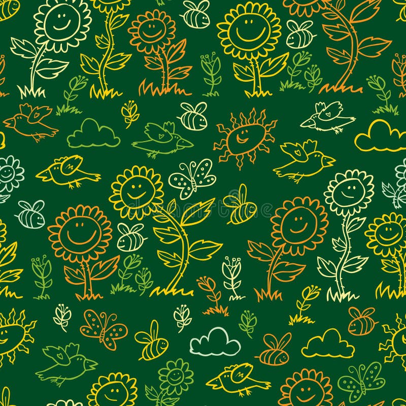 Vector Green Chalkboard Style Sunflowers, Birds and Bees Repeat Pattern ...