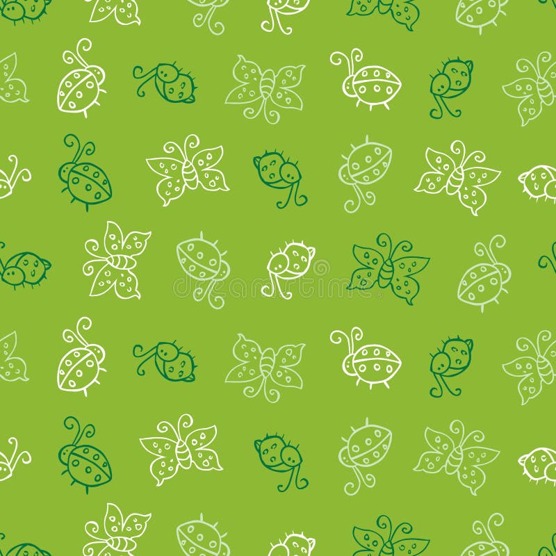 Vector Green Monochrome Bugs and Butterfly Doodle Repeat Pattern ...