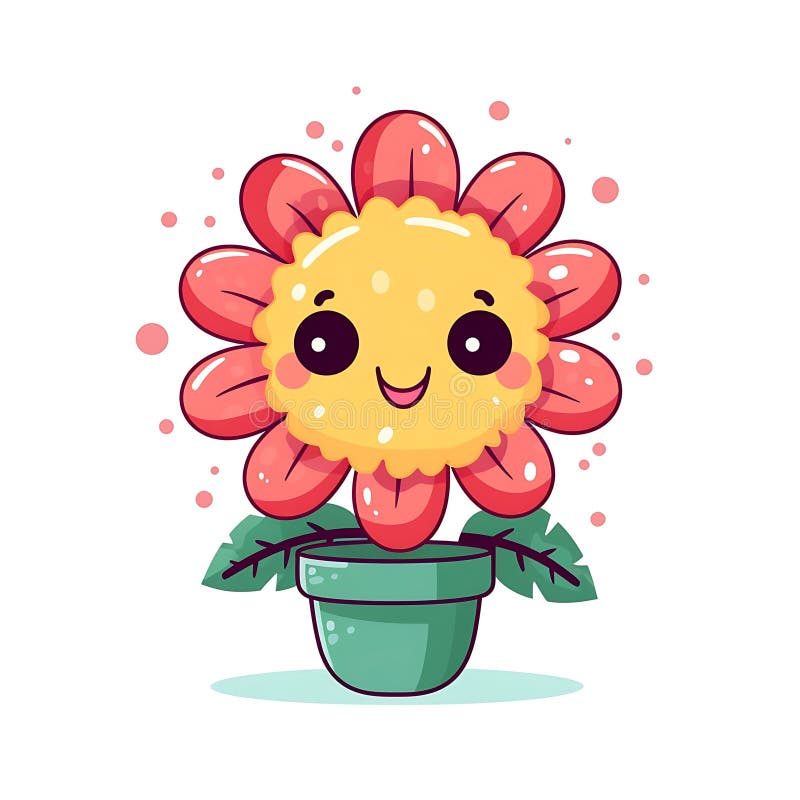 Cute Cartoon Flower Character in a Green Pot with Smiley Face and ...
