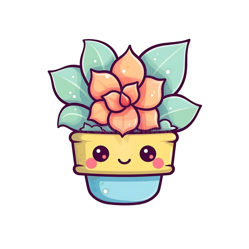 Cute Cartoon Succulent in a Smiling Pot with Pastel Leaves and Petals ...