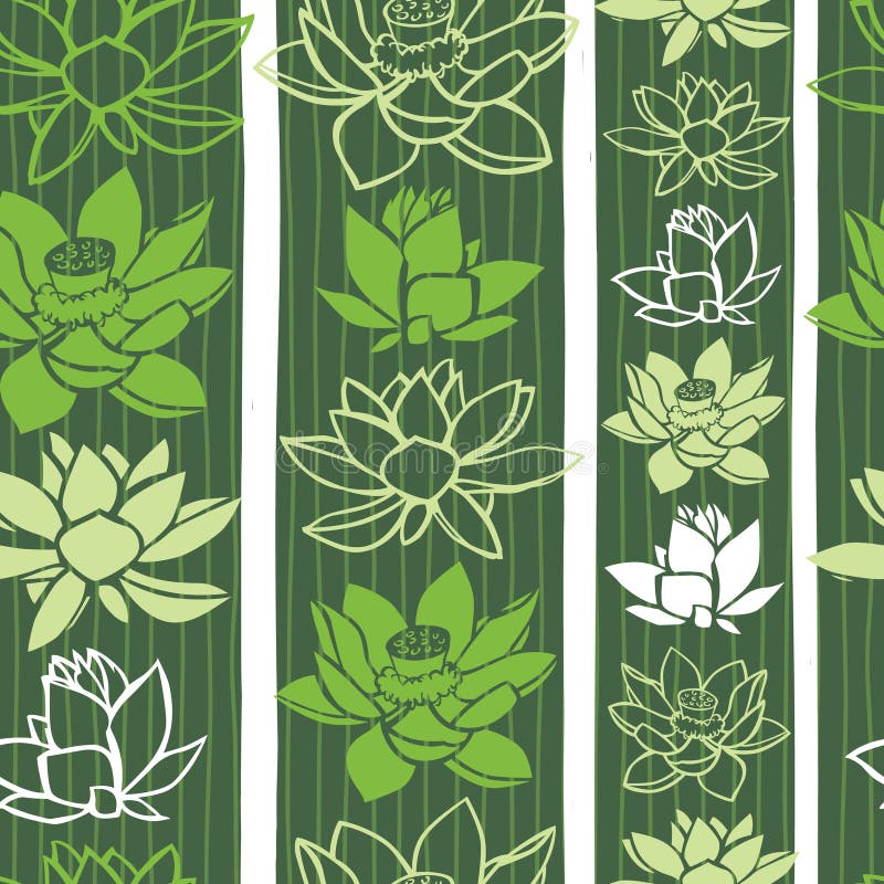 Vector Green Vertical Rows of Lotus Flowers Stripes 05 Repeat Pattern ...
