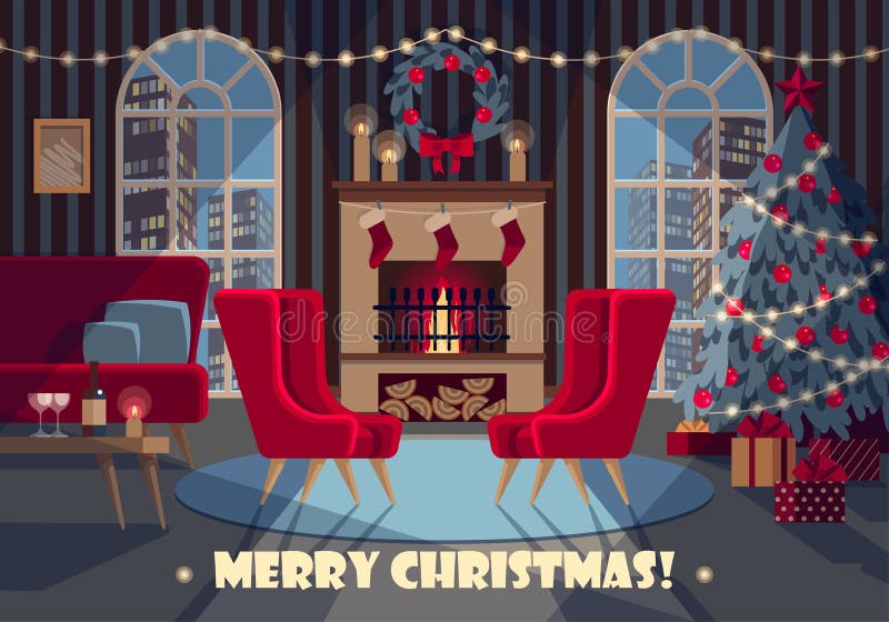 Vector Greeting Card with Christmas Cosy Interior Stock Vector ...