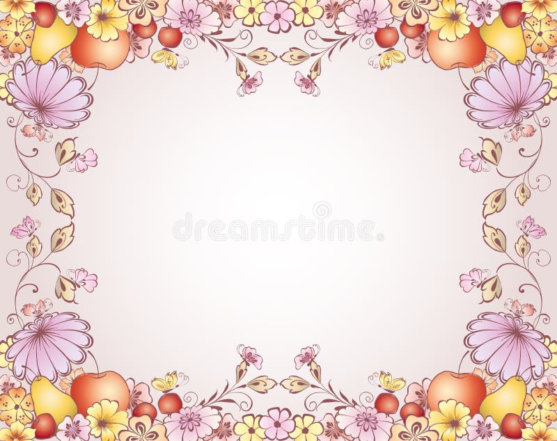 Vector Greeting Card with Frame from Drawn Fruits and Flowers Stock ...