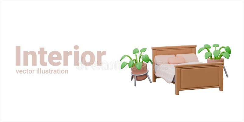 Vector Group of 3D Objects for Bedroom Interior Concepts. Double Bed ...