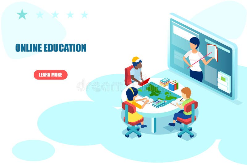 Vector of a Group of Kids Sitting at Table Watching Teacher Explaining ...