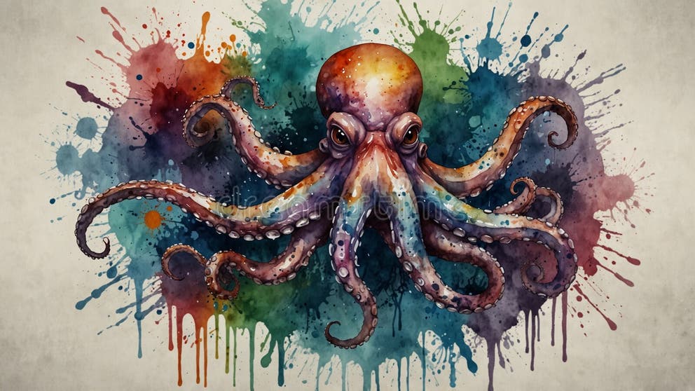 Vector Grumpy Octopus, Paint Blots Stock Illustration - Illustration of ...