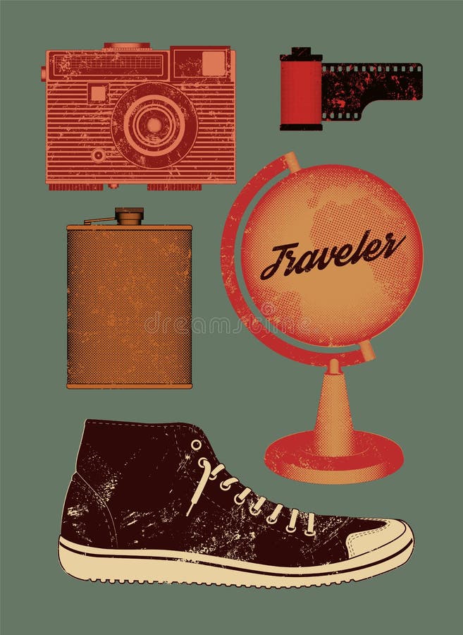 Vector Grunge Set of Retro Things for Traveler. Vector Illustration ...